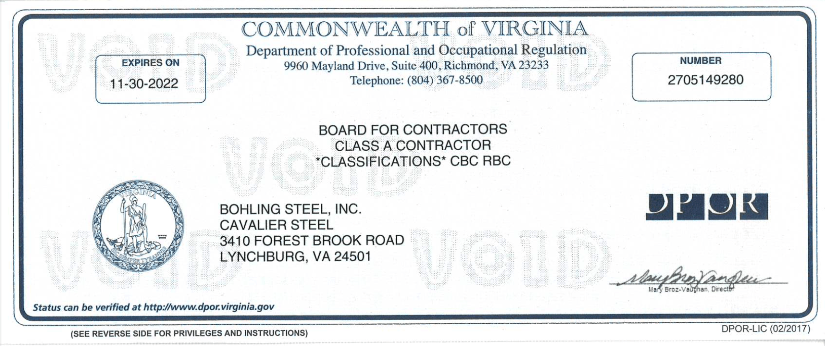 Licenses and Certifications | Bohling Steel, Inc.