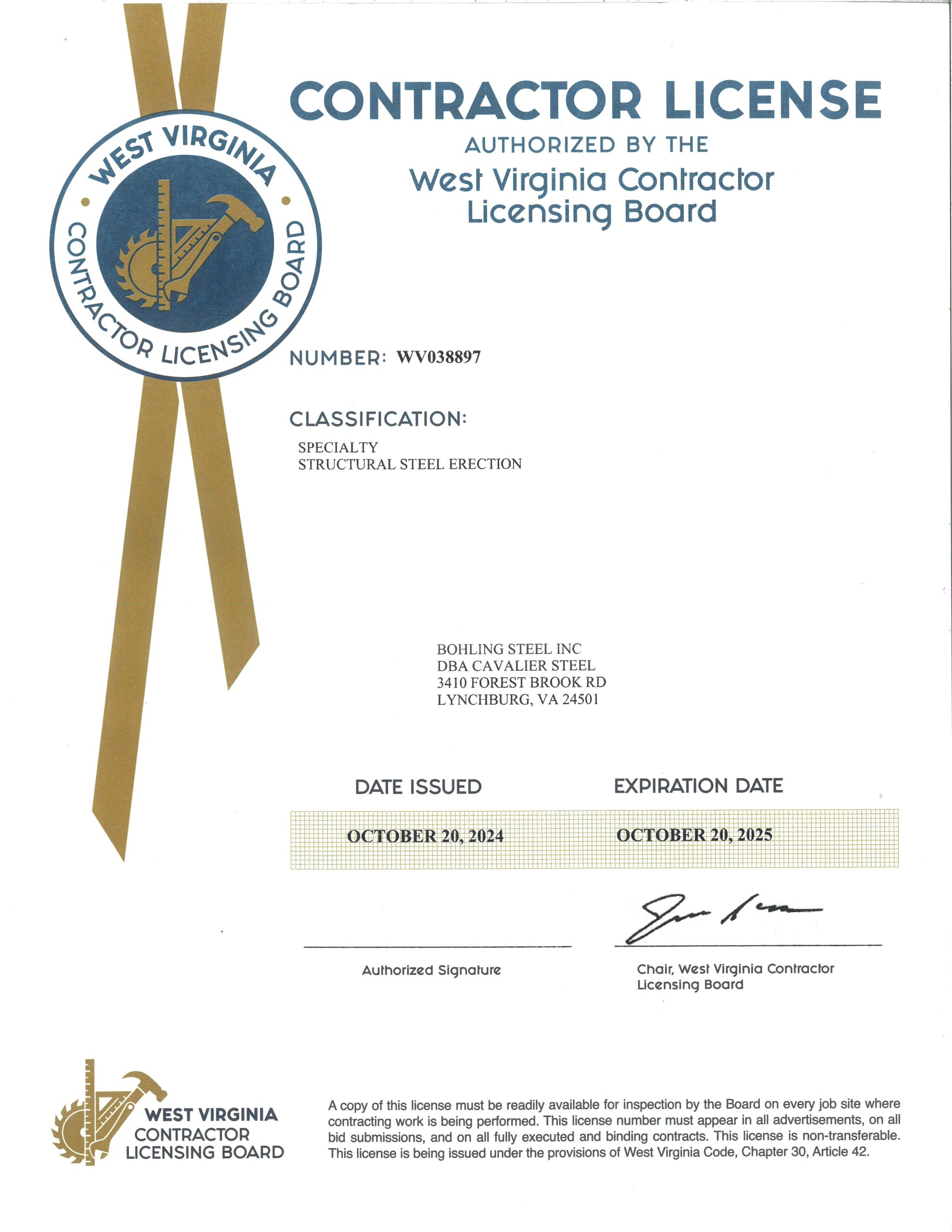 Licenses and Certifications | Bohling Steel, Inc.